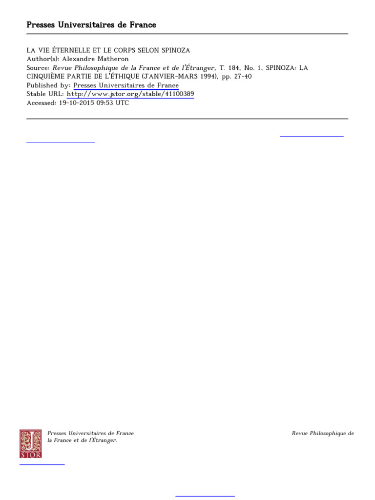 Matheron - La Vie Eternelle Et Le Corps Selon Spinoza 1994 | PDF