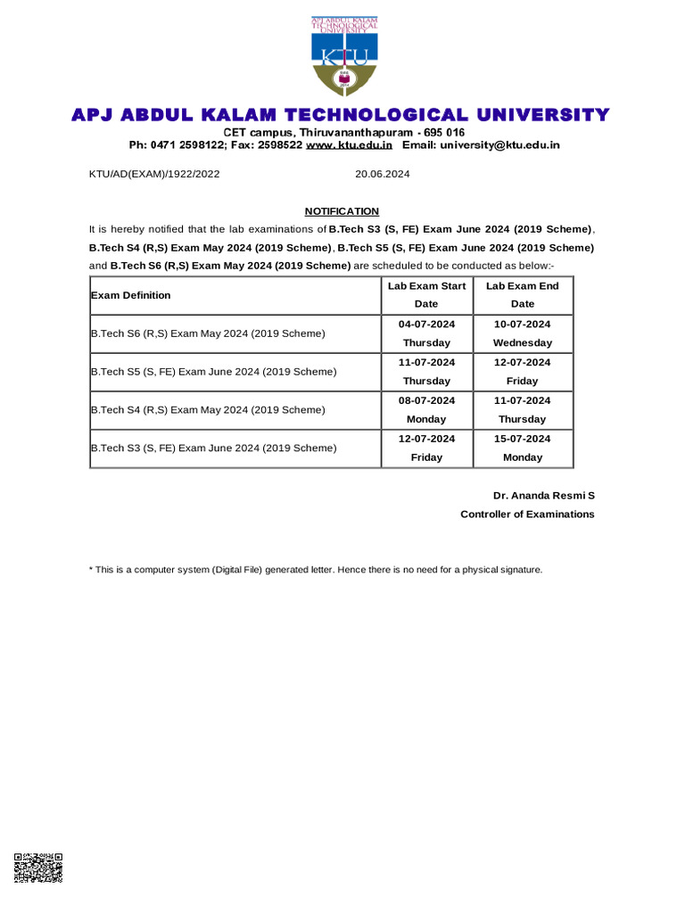 (Notification) KTU AD (EXAM) 1922 2022 NotifcationsLabExams | PDF