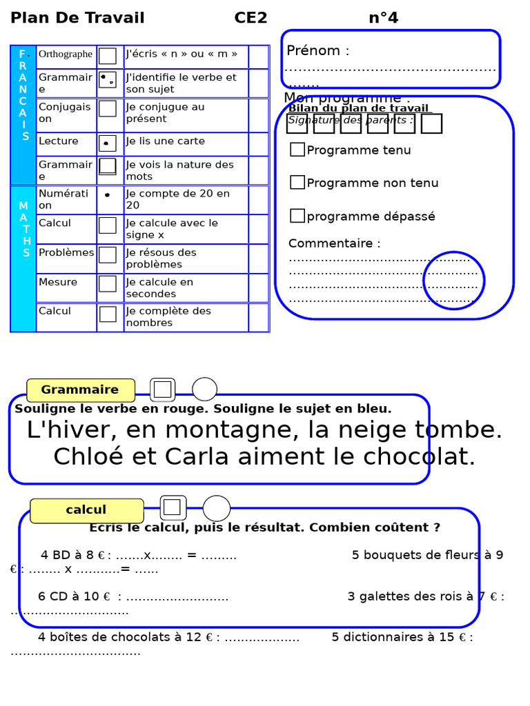 Plan de Travail CE2 : Français et Maths | PDF