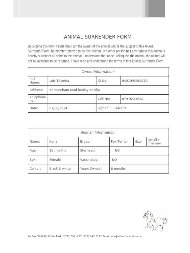 Animal Surrender Form - Jasper | PDF