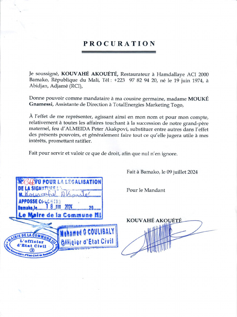 Procuration Légalisée Feu Akakpovi D'almeida - Patrick | PDF