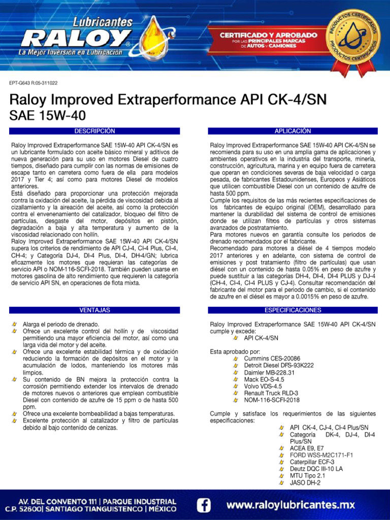 HT-Raloy Improved Extraperformance 15W40 CK4-SN | PDF