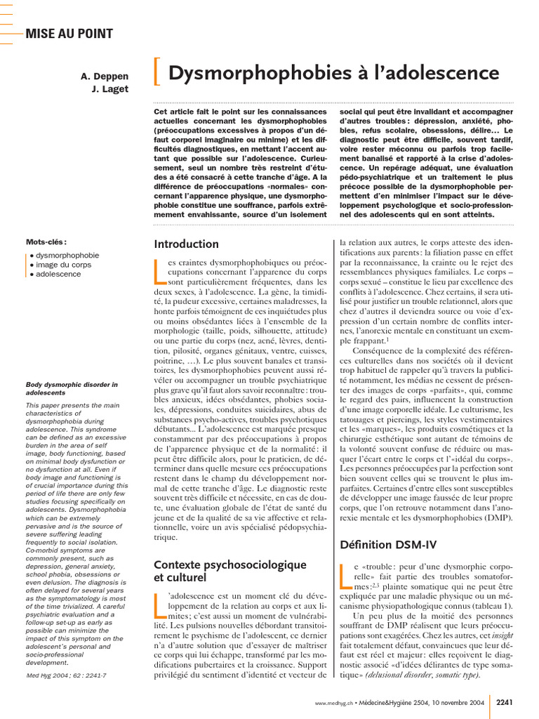 Dysmorphophobies À L'adolescence - A. Deppen & J. Laget (2004) ) (Body ...