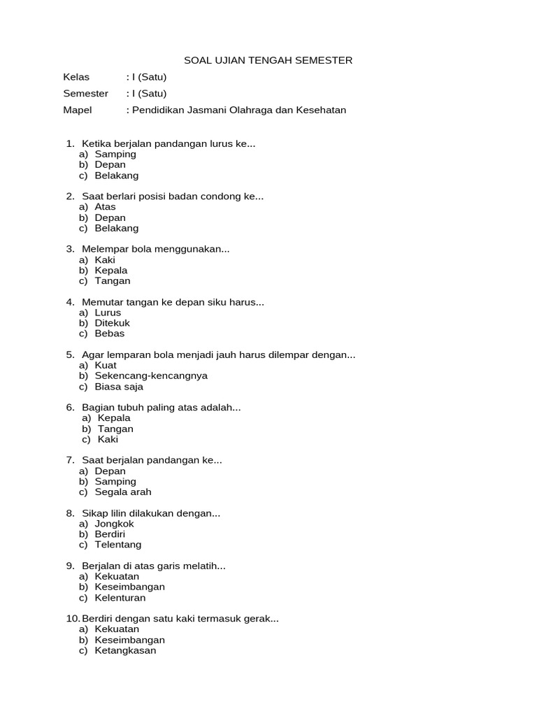 Soal Ujian Tengah Semester Kelas 1 | PDF