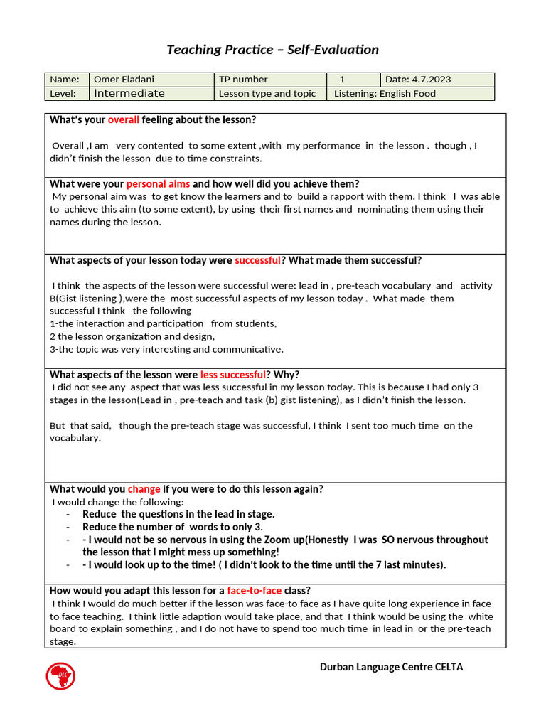 Durban CELTA - TP Self-Evaluation | PDF