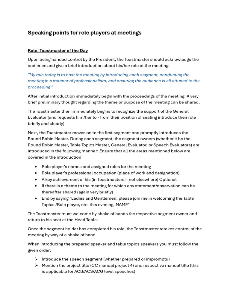 Speaking Points For Role Players at Meetings | PDF