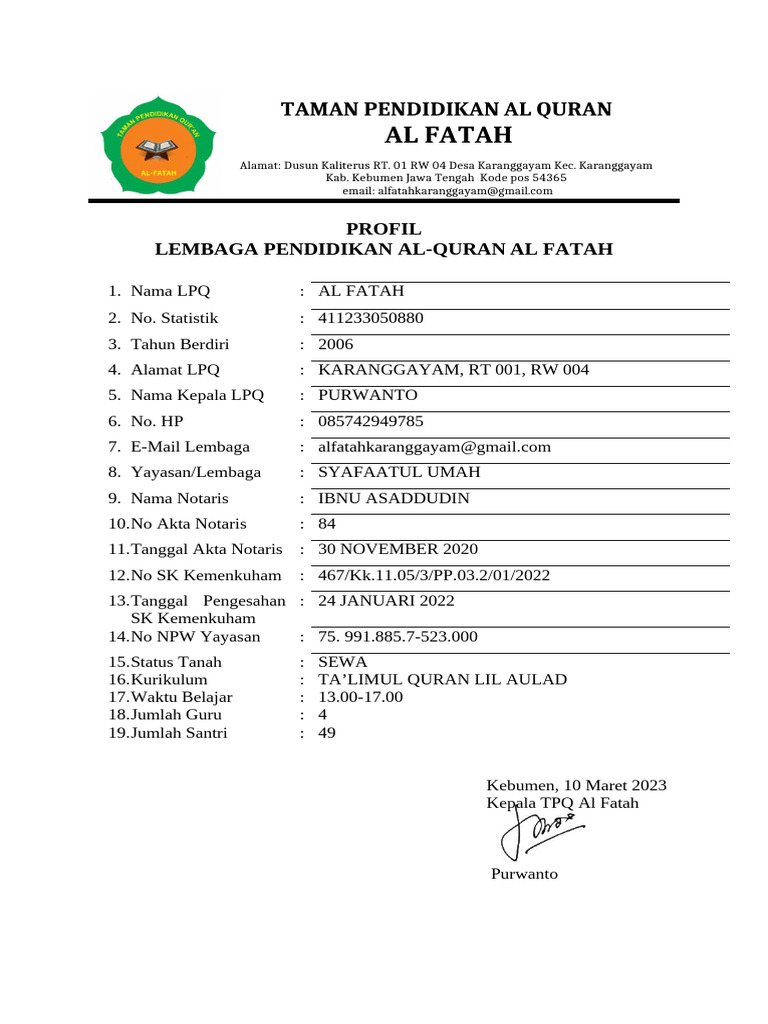 Profil TPQ Al Fatah | PDF | Wellness