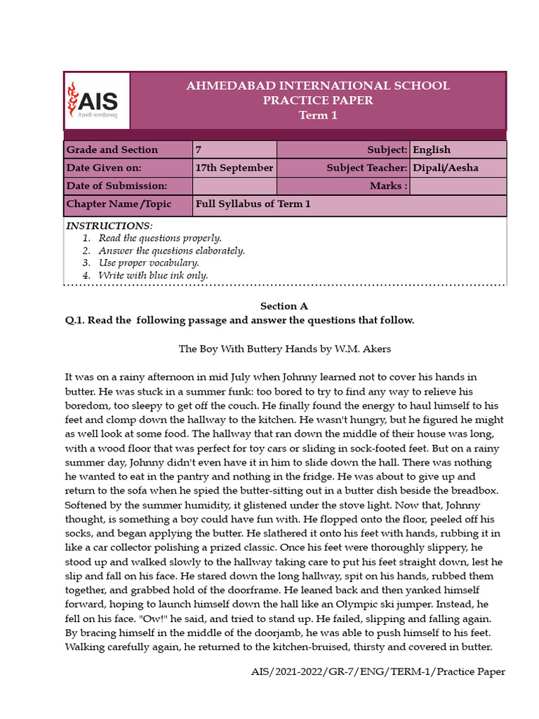 AIS-2021-2022-GR-7-ENG-TERM-1-Practice Paper | PDF