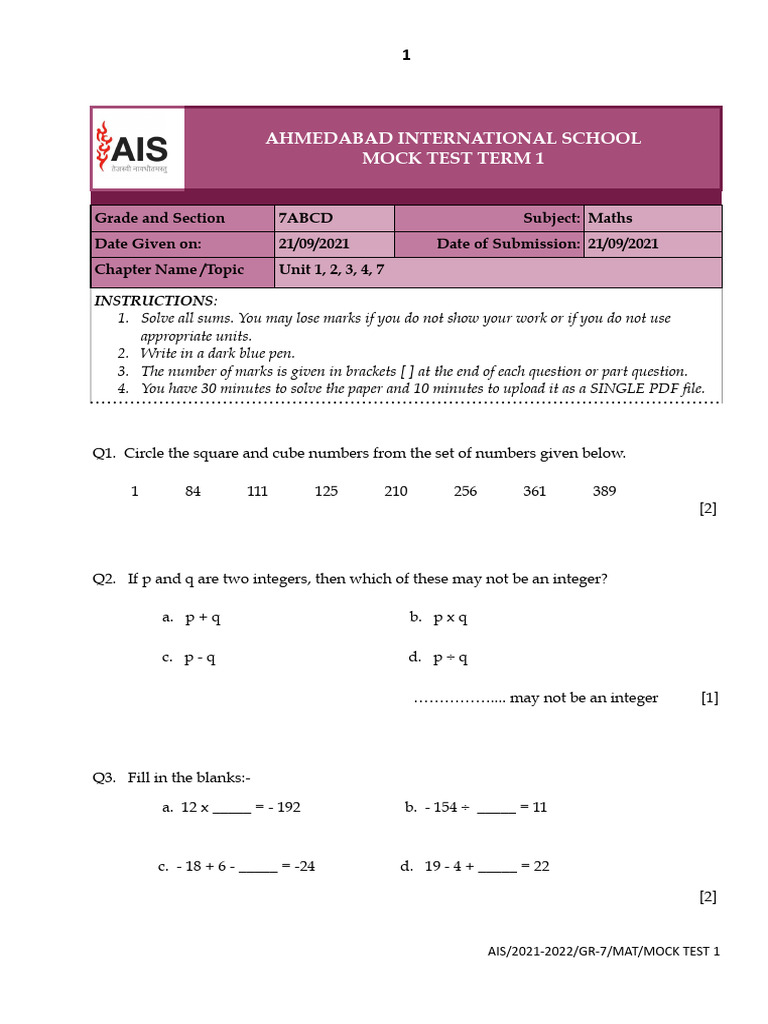 Ais - 2021-2022 - GR-7 - Mat - Mock Test 1 | PDF
