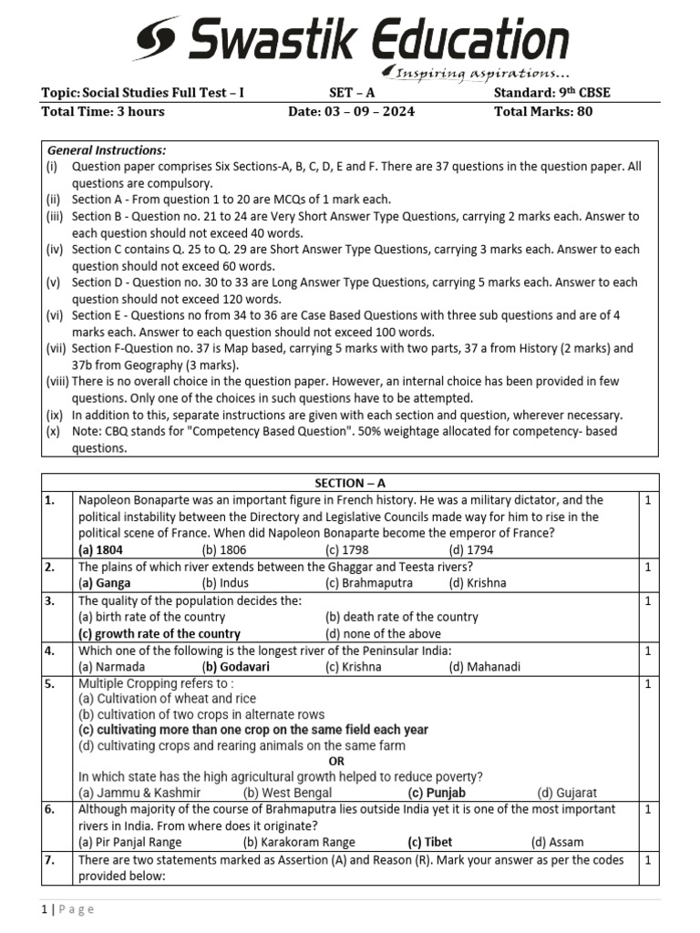 9th Cbse Ss Term-1 Set-A (Answer Key) | PDF