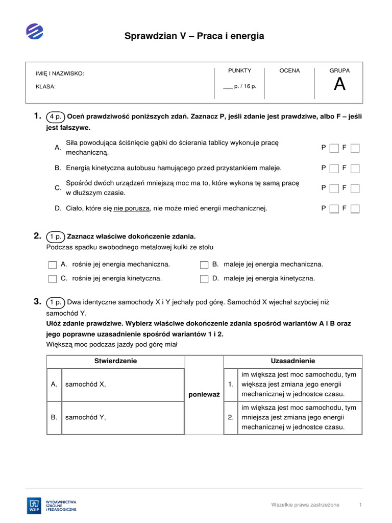 Fizyka Sposob Na Fizyke Klasa 7 Sprawdzian-V | PDF