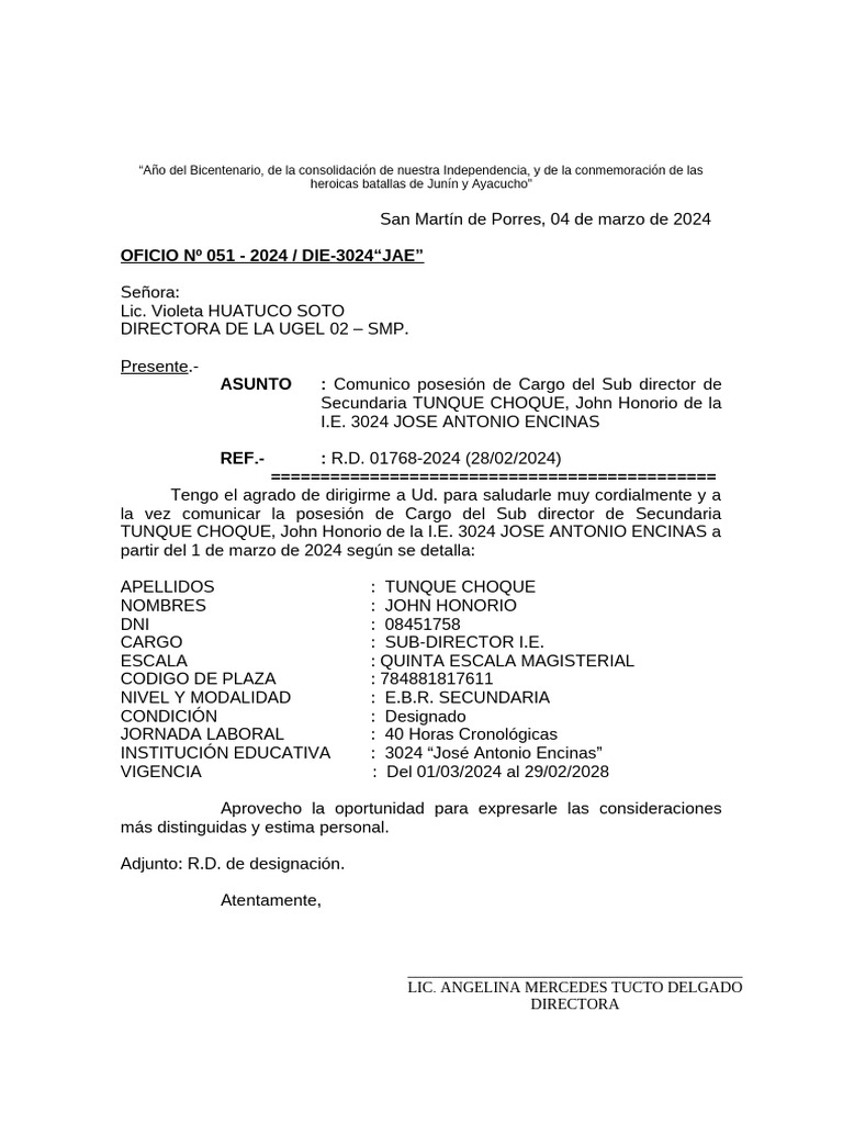 Oficio 051-2024 Solicito Posesion de Sub Director Secundaria Tunque Choque John | PDF