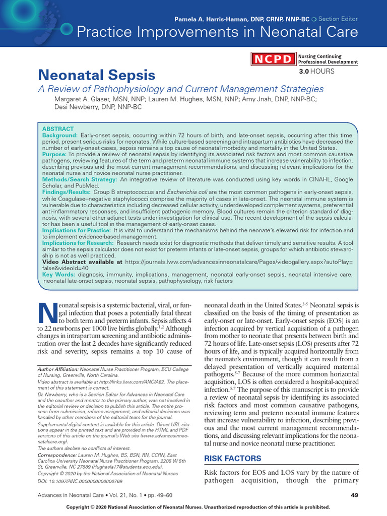 2021 Neonatal Sepsis A Review of Pathophysiology and Current Management ...