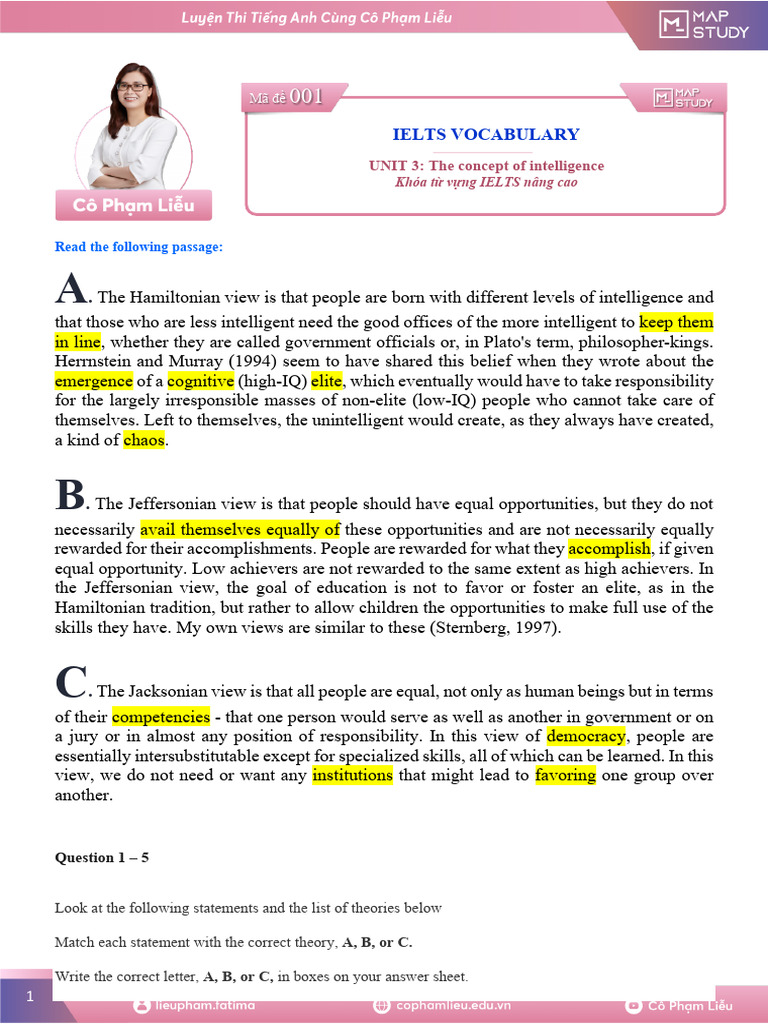 Ielts Vocabulary: UNIT 3: The Concept of Intelligence | PDF