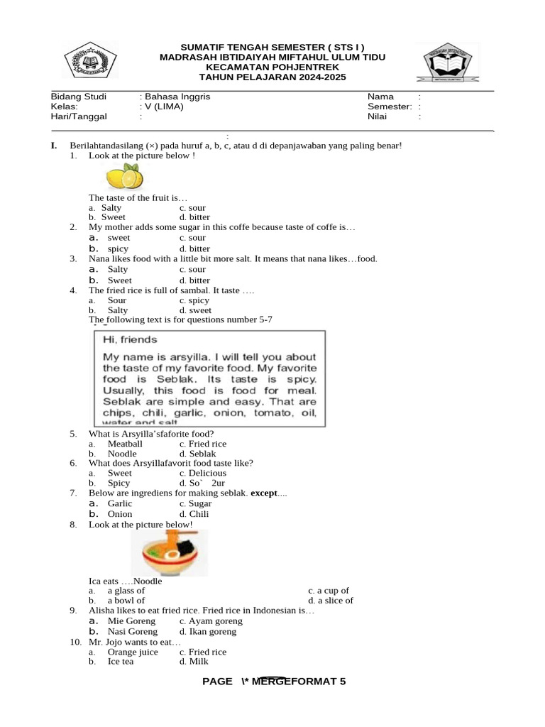 SOAL STS Bahasa Inggris KELAS 5 KURIKULUM MERDEKA SEMESTER 1 | PDF