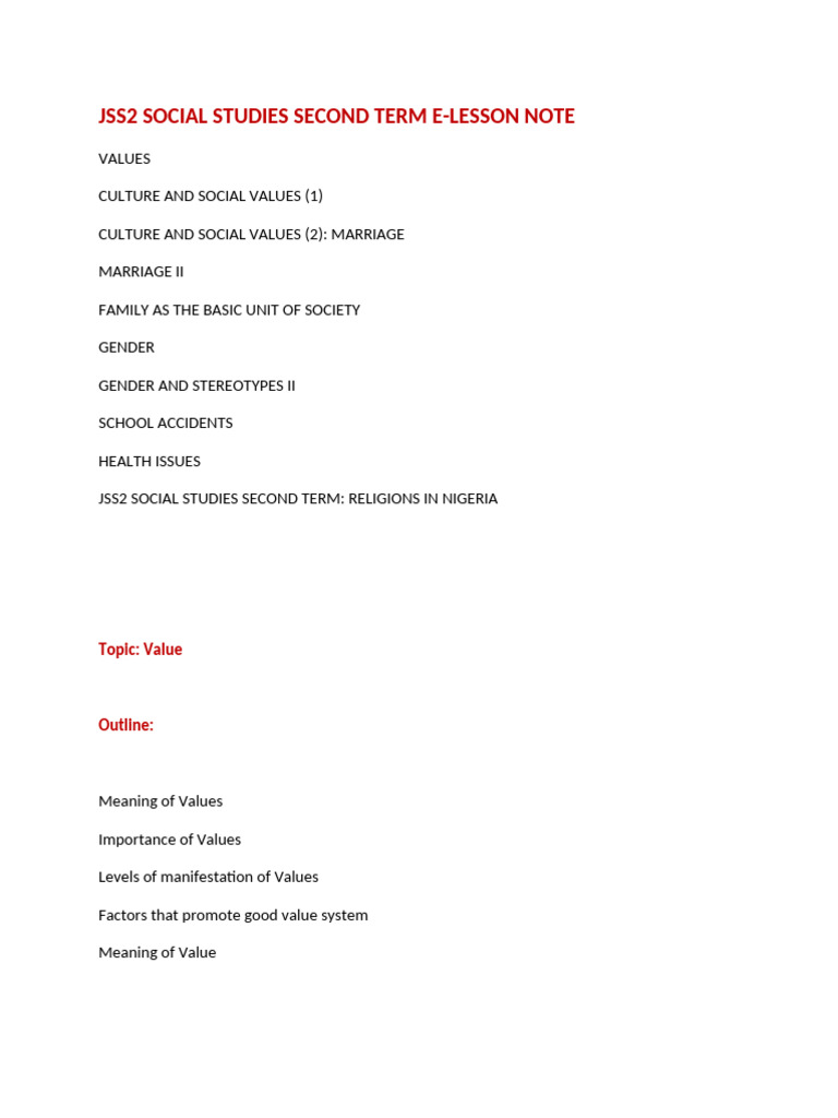 Social Studies JSS2 2nd Term | PDF | Family | Gender