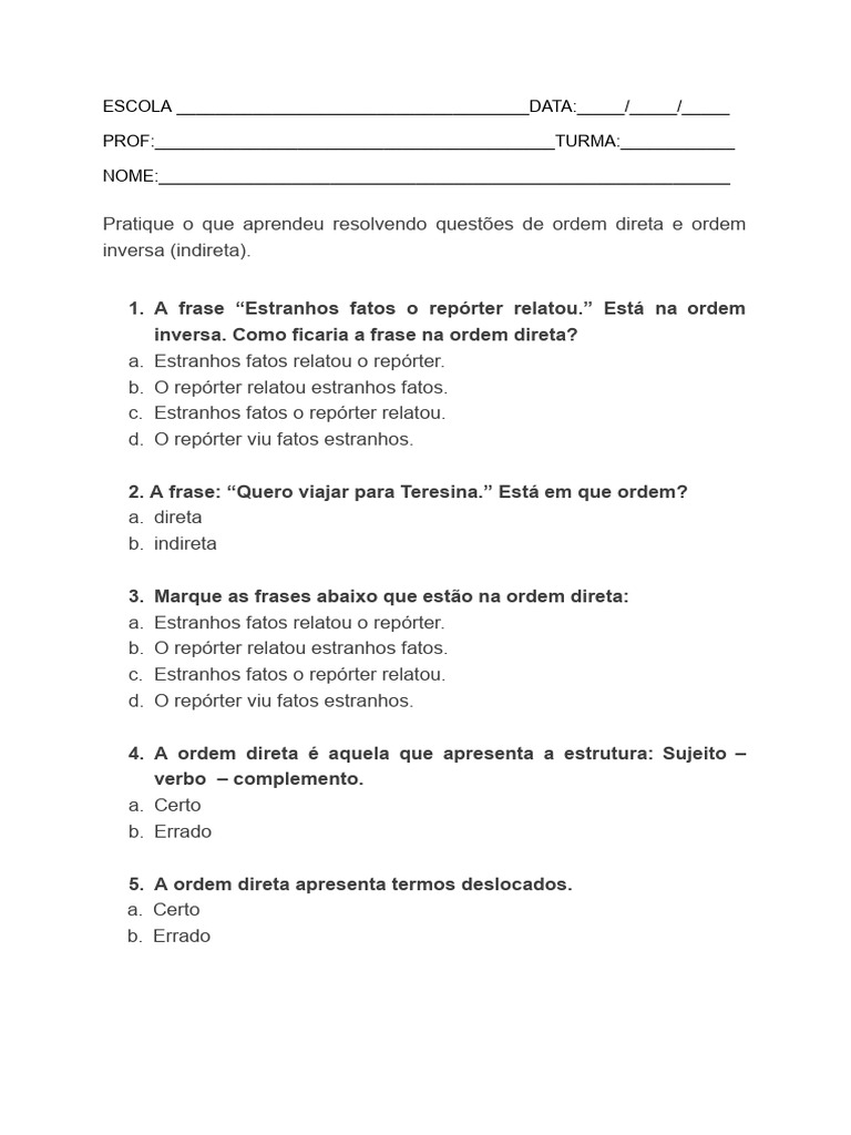 Exercícios sobre ordem inversa e direta das orações | PDF