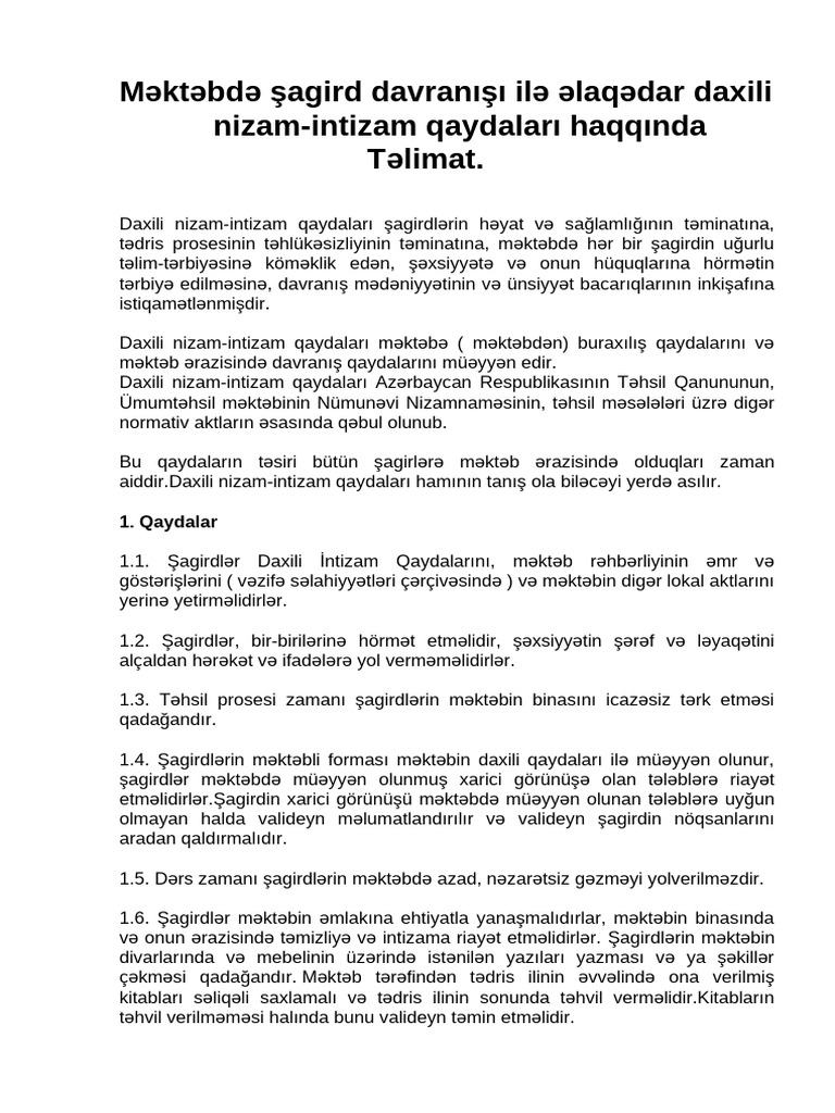 MƏKTƏBDƏ Şagird Davranışı Ilə Əlaqədar Daxili Nizam-Intizam Qaydaları ...