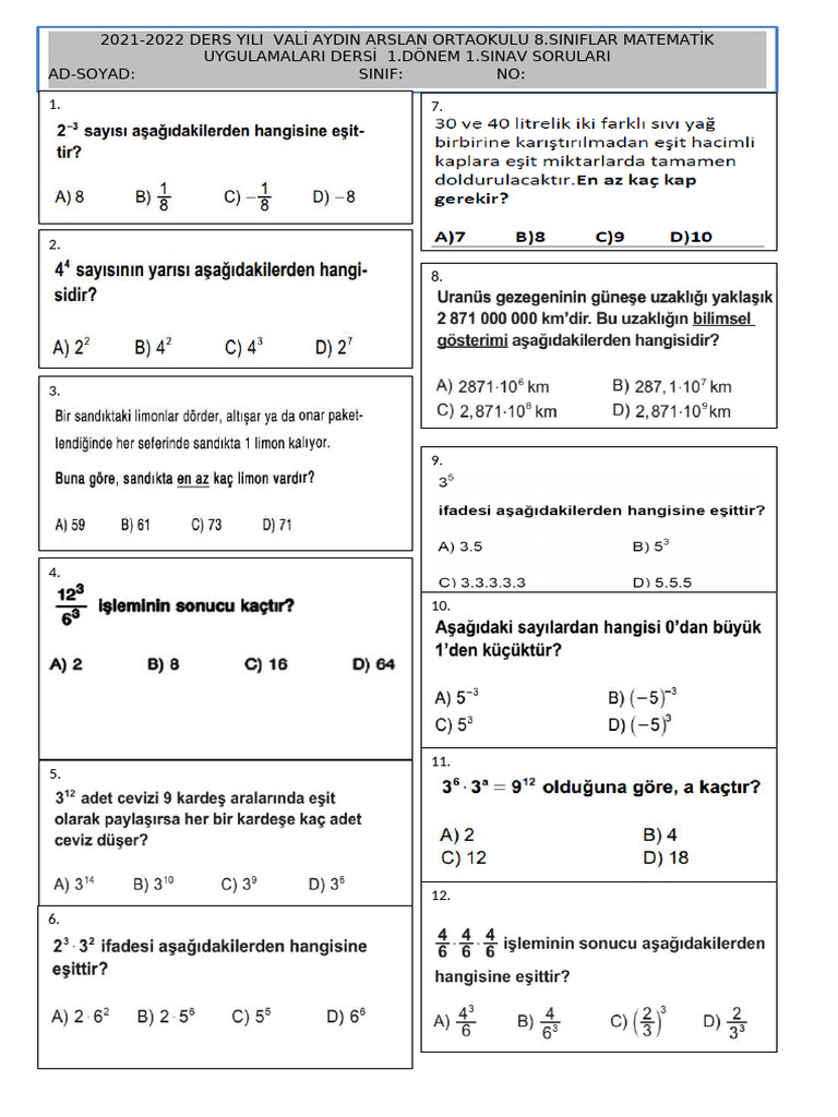 2021-2022 Ders Yili Vali Aydin Arslan Ortaokulu 8.siniflar Matematik Uygulamalari Dersi 1.dönem ...