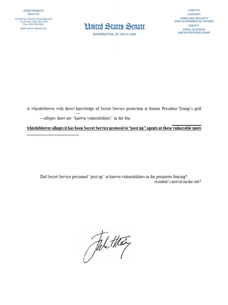Hawley Letter To Rowe Re Whistleblower 2nd Assassination Attempt | PDF ...