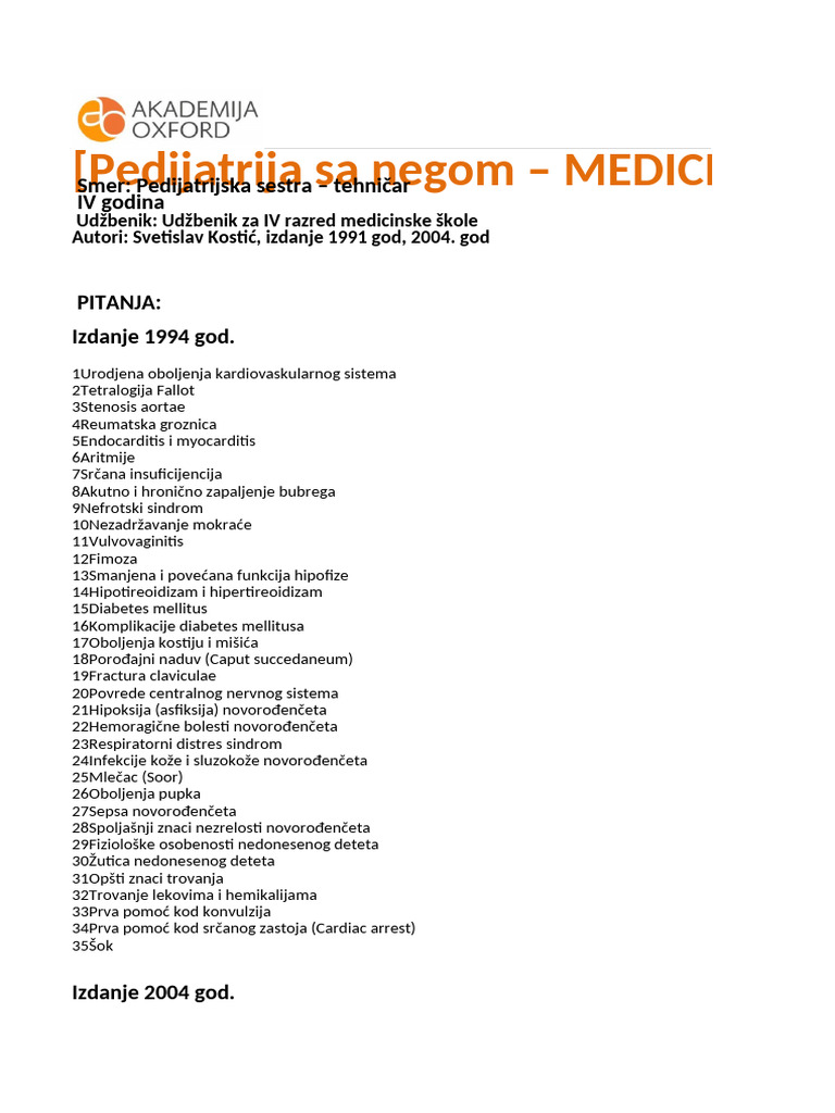 4 Pedijatrija Sa Negom | PDF