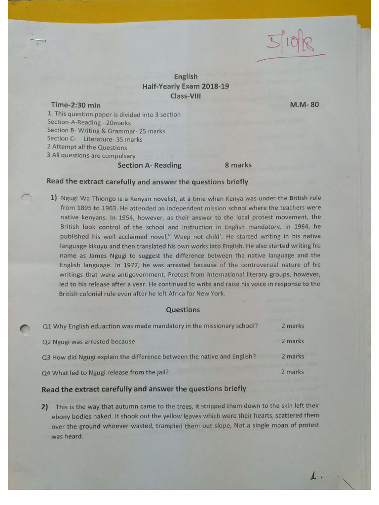 KV Class 8 HYE Half Yearly Exam Model Question Paper ENGLISH | PDF