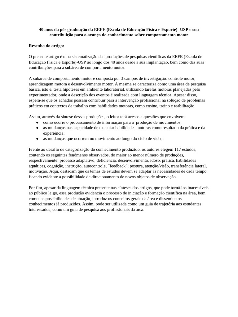 2023.08.22 Resenha Do Artigo - 40 Anos Da Pós Graduação Da EEFE - USP e ...