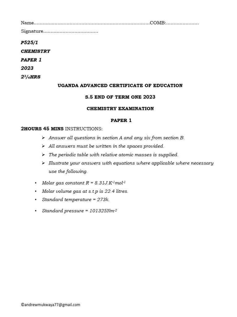 S5 Chemistry Paper 1 2023 Print | PDF