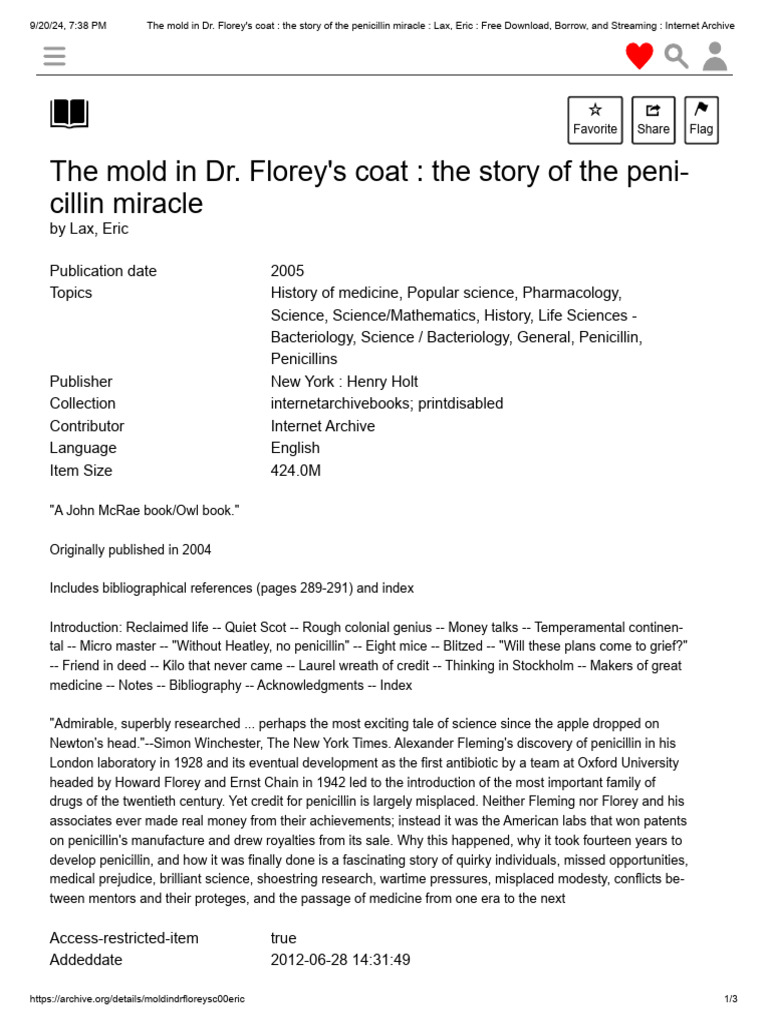 The mold in Dr. Florey's coat _ the story of the penicillin miracle _ Lax, Eric _ Free Download ...