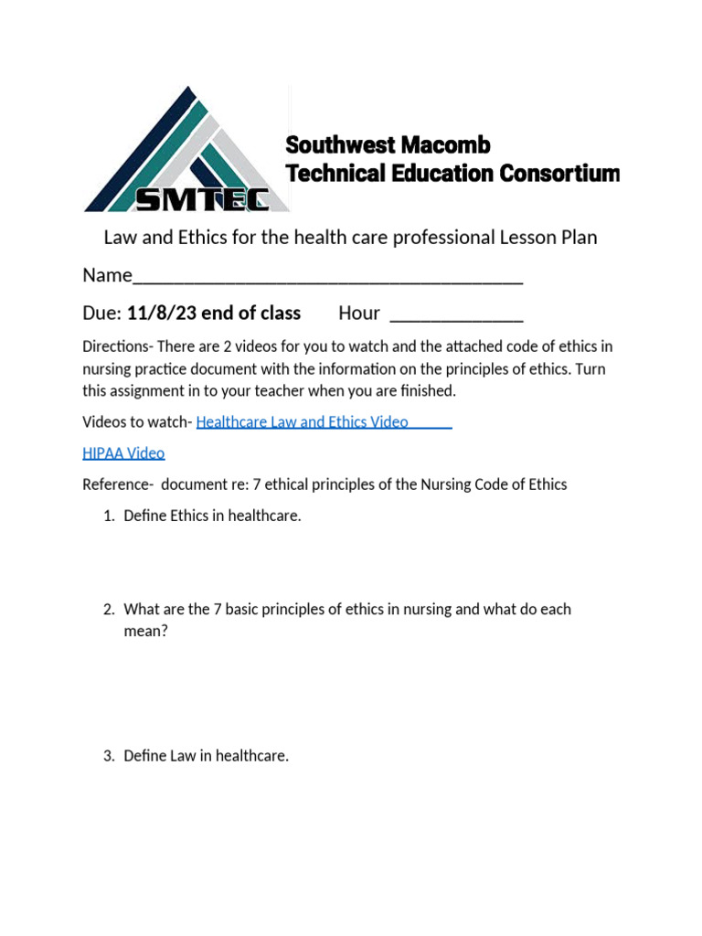 Law and Ethics For The Health Care Professional Lesson Plan | PDF
