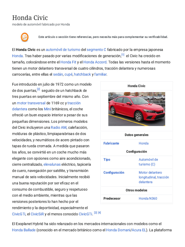 Honda Civic - Wikipedia, La Enciclopedia Libre | PDF