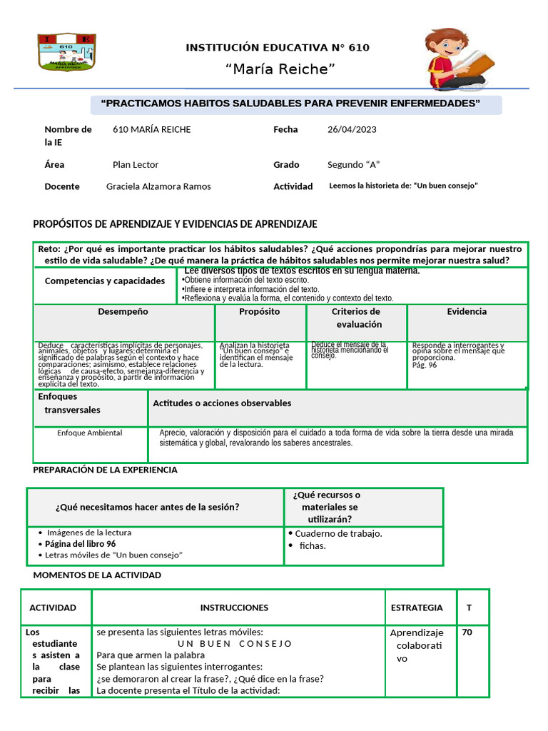 Plan Lector Leemos Una Historia El Buen Consejo | PDF | Aprendizaje | Evaluación