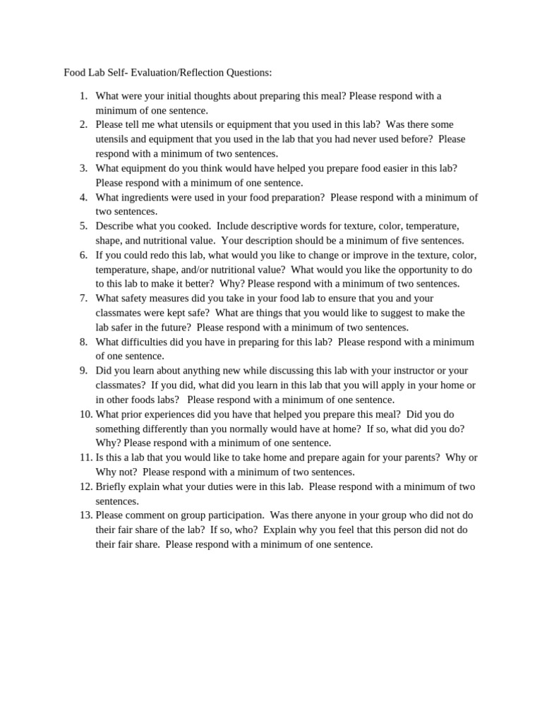 Food Lab Self Evaluation and Reflection Questions | PDF