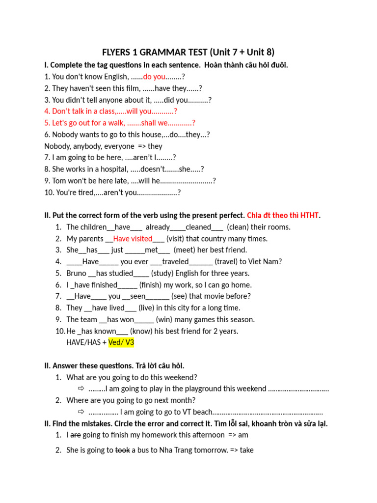 FLYERS 1 GRAMMAR TEST U7,8 | PDF