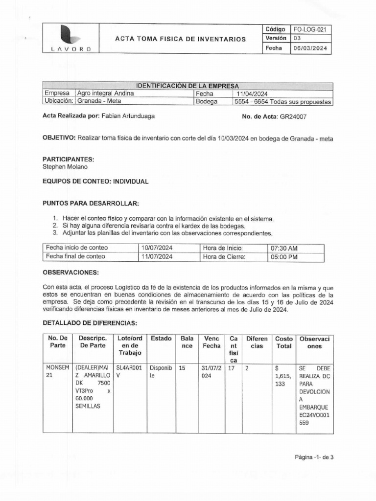 Acta Inventario Corte Junio 2024 | PDF