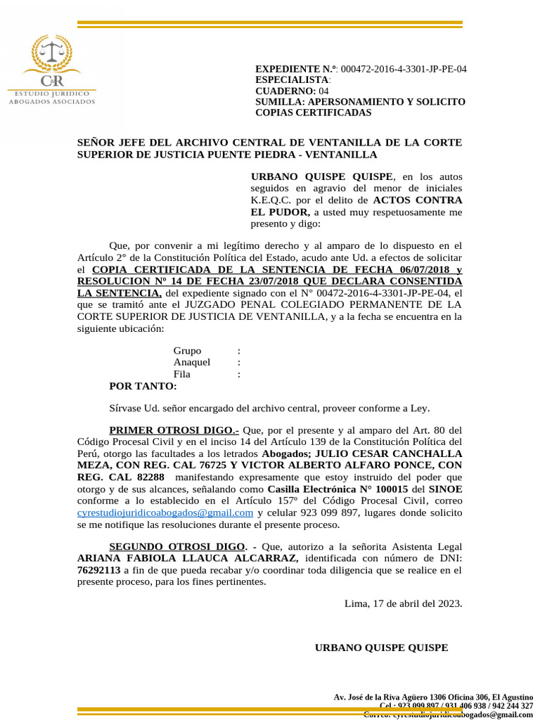 Apersonamiento y Solicito Copias Al Archivo | PDF