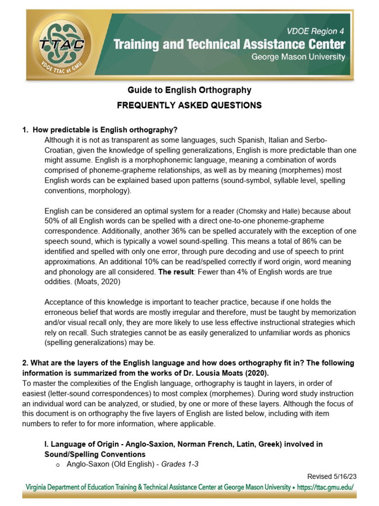 GMU TTAC a Quick Reference Guide to English Orthography, Frequently Asked Questions and Answers ...