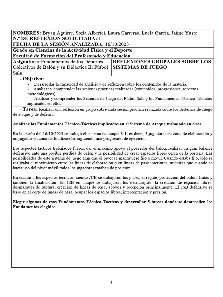 Reflexión Grupal Fútbol Sala 3-1 | PDF