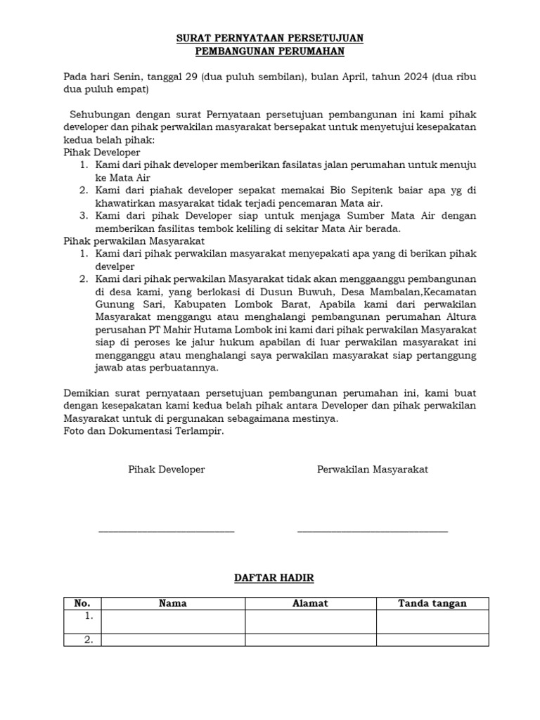 Surat Pernyataan Persetujuan Pembangunan Perumahan | PDF