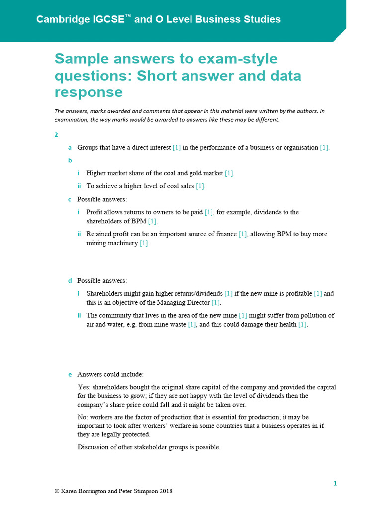 5 Business objectives and stakeholder objectives- Sample answers to ...