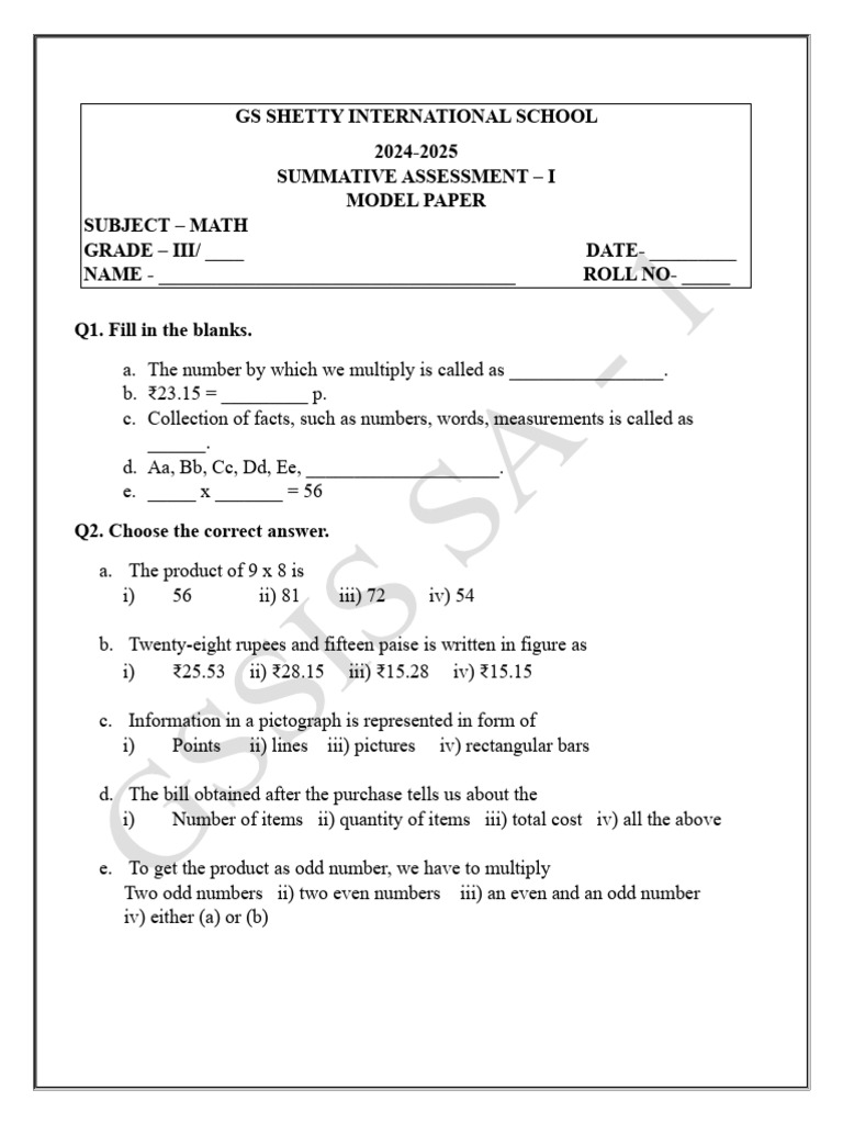 GRADE 3 Math SA1 Model Paper | PDF