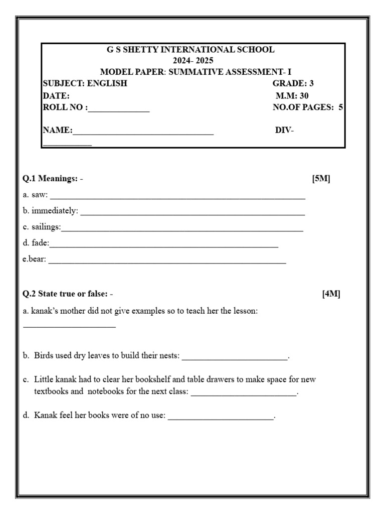 GRADE 3 Model paper ENGLISH SA 1 2024-25 | PDF