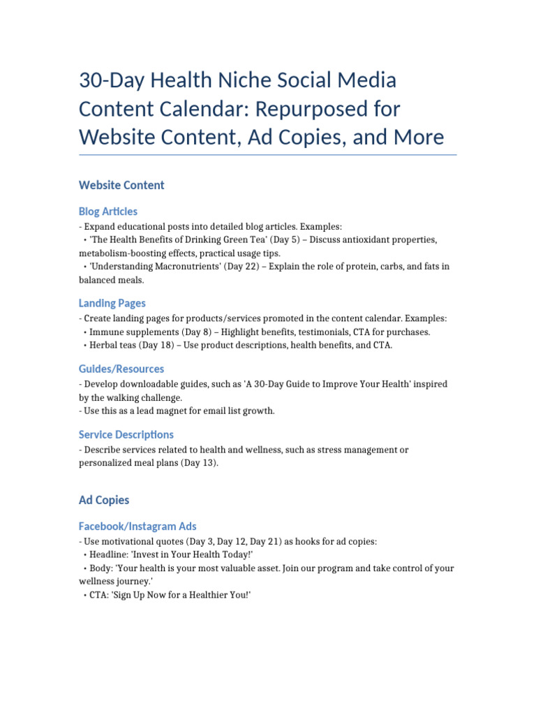 Health Niche Content Calendar Ideas | PDF