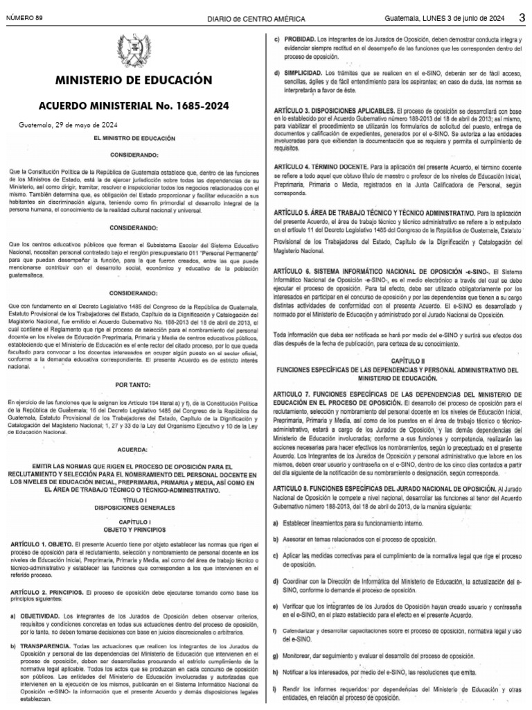 Ministerio de Educación: ACUERDO MINISTERIAL No. 1685-2024 | PDF