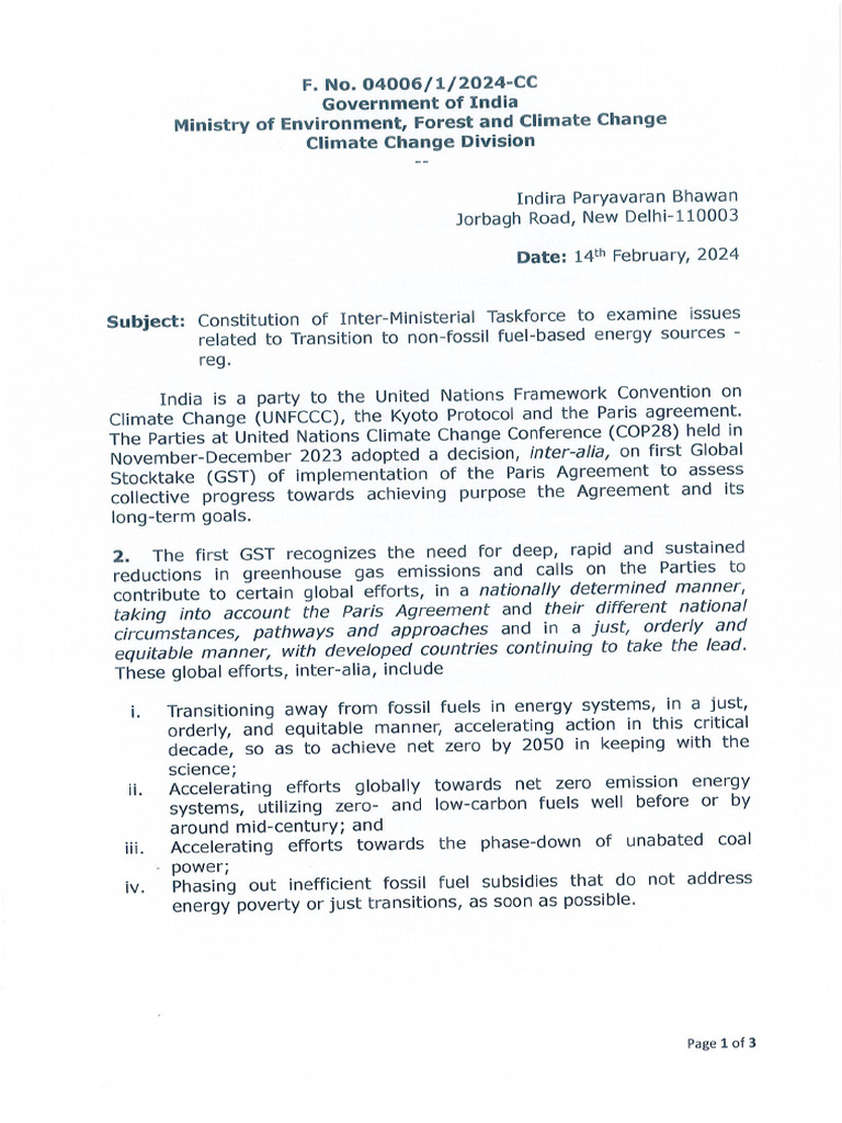 Just Transition Task Force by Govt. of India | PDF