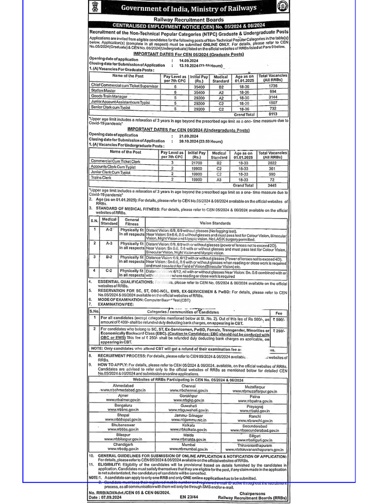 RRB NTPC Recruitment 2024 Short Notice | PDF