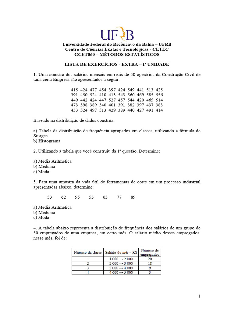 Lista de Exercícios - EXTRA | PDF