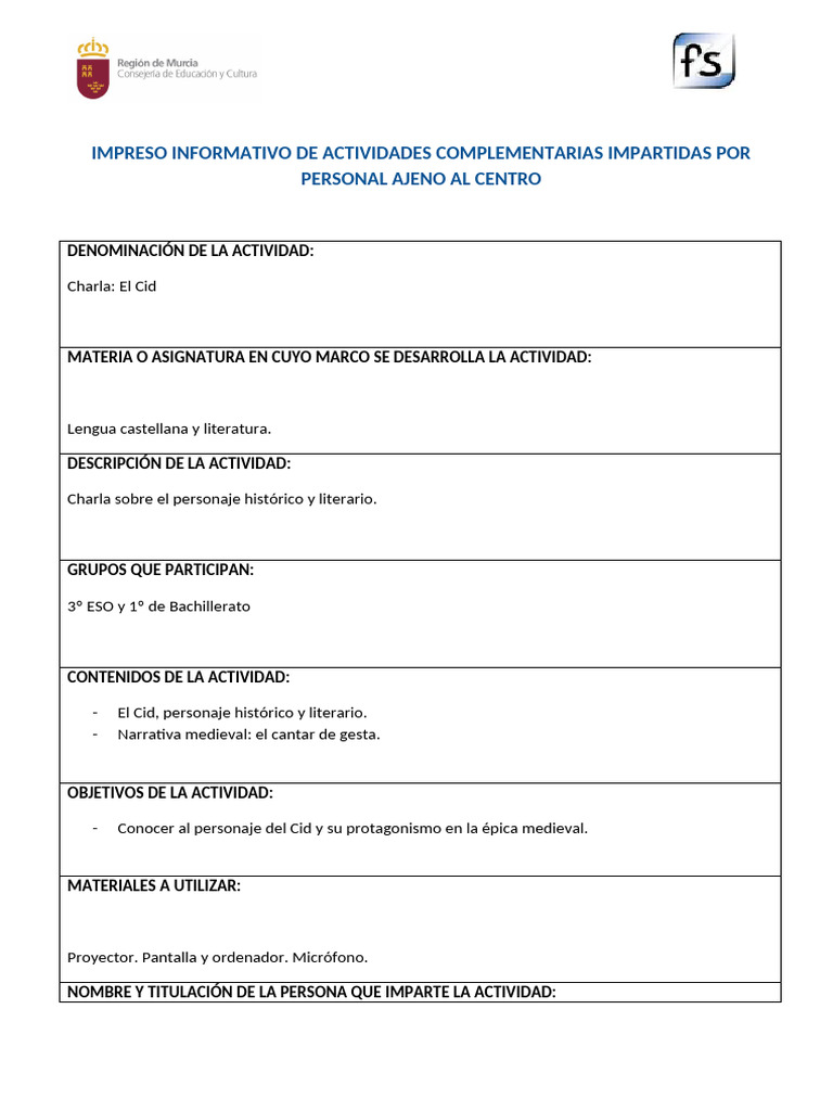 Actividades Complementarias El Cid | PDF