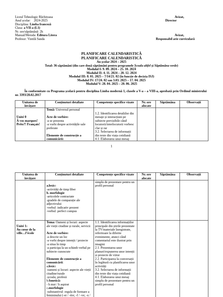 Planificare 7 Litera Nou 2024-2025 | PDF
