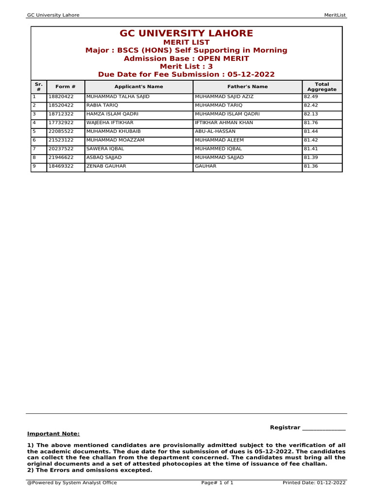 GCU Lahore BSCS Merit List 3 | PDF
